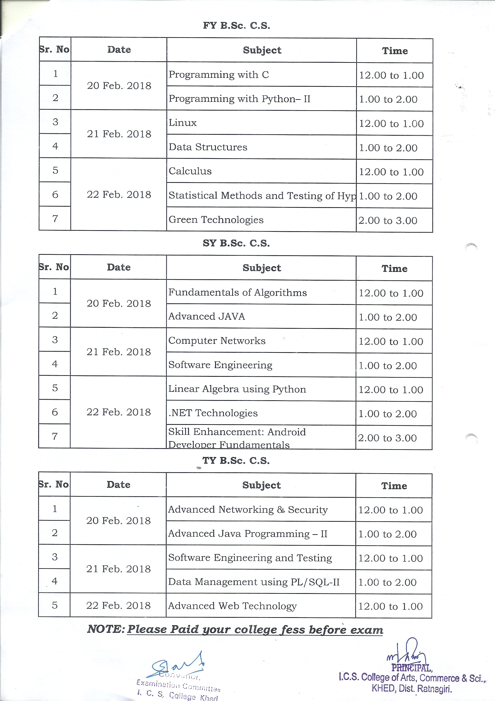 Computer Science(Unit Test – Time Table) – Ics